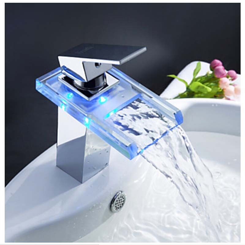 Bathroom Waterfall LED Faucet Battery Powered Mixer Glass Mixer ...