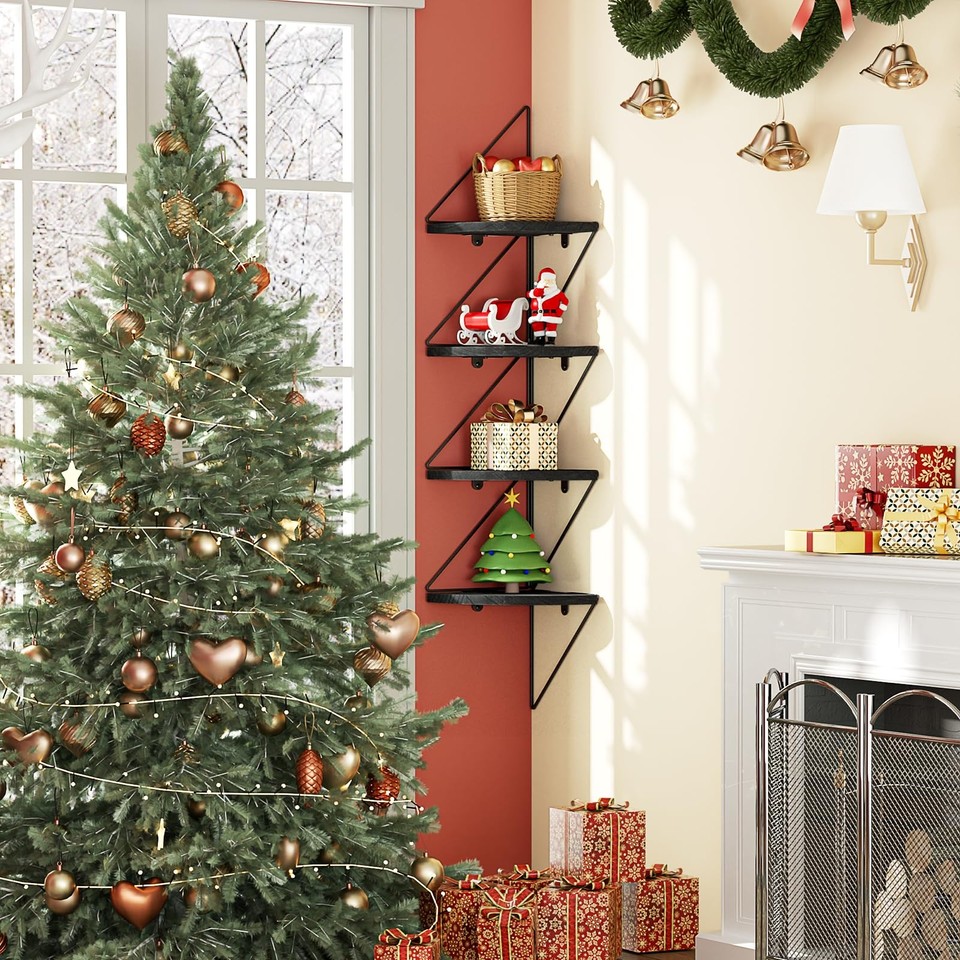 Corner Shelf Wall Mount 4-Tier Rustic Wood Floating Shelves Wall ...