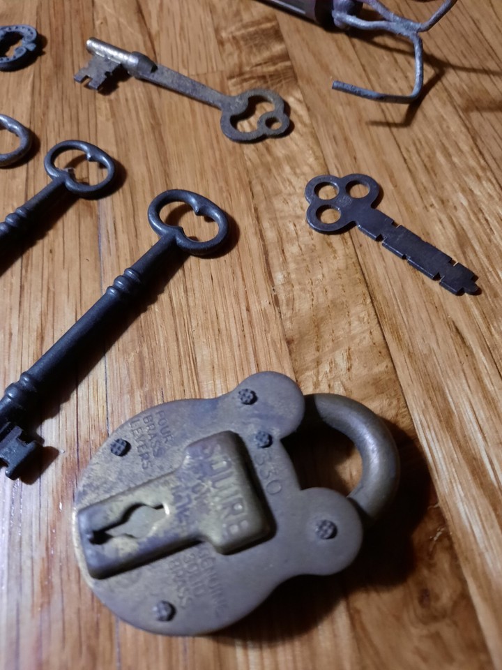 junk drawer lot vintage antique skeleton keys locks brass scales ...