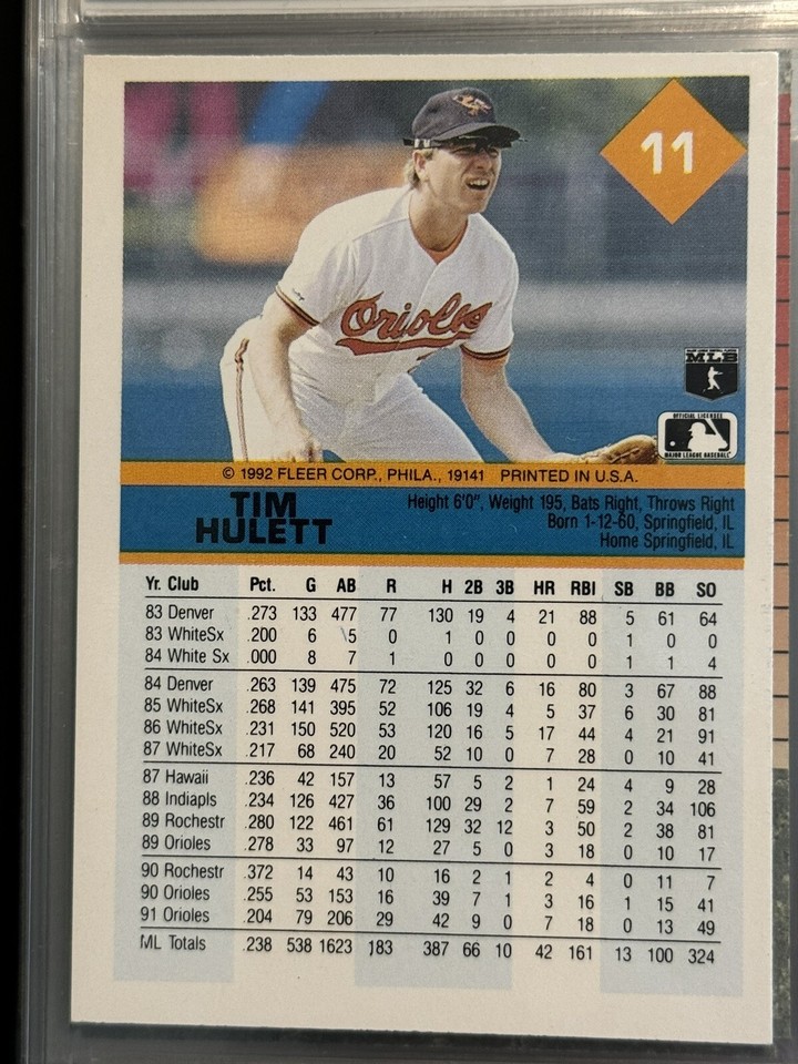 1992 Fleer #11 Tim Hulett Baltimore Orioles Signed Autograph Card | eBay