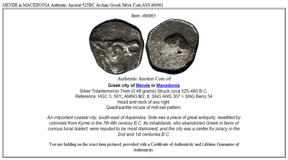 MENDE in MACEDONIA Authentic Ancient 525BC Archaic Greek Silver Coin ...