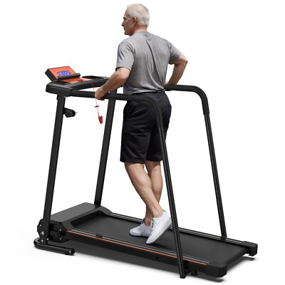 Folding Treadmill with Long Handrail Heart Rate Sensor for Senior ...