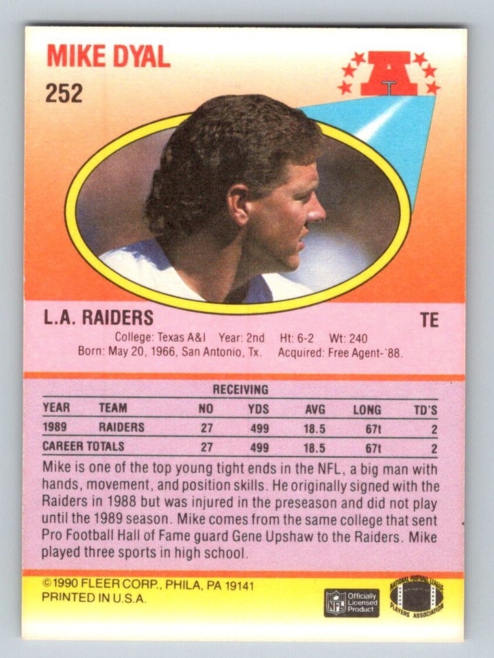 1990 Fleer RC #252 Mike Dyal Los Angeles Raiders Rookie Football Card ...