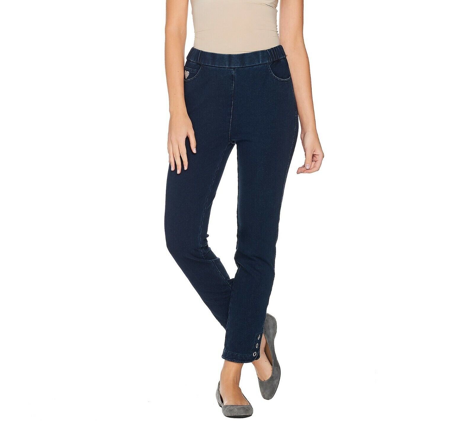 Quacker Factory Pull-On Ankle Pants with Grommets-Drk Indigo-Short XXS ...