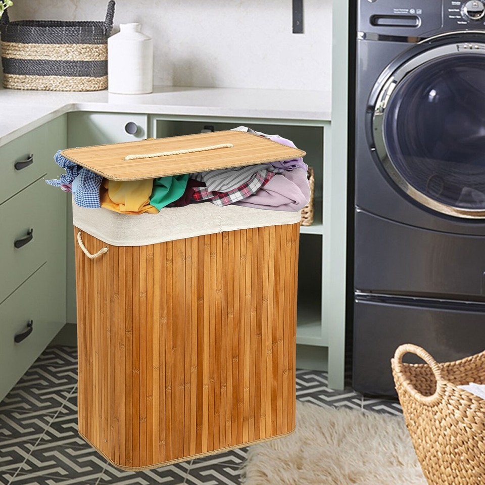 Laundry Fabric Bin Hamper Natural Bamboo Basket Washing Clothes Storage ...