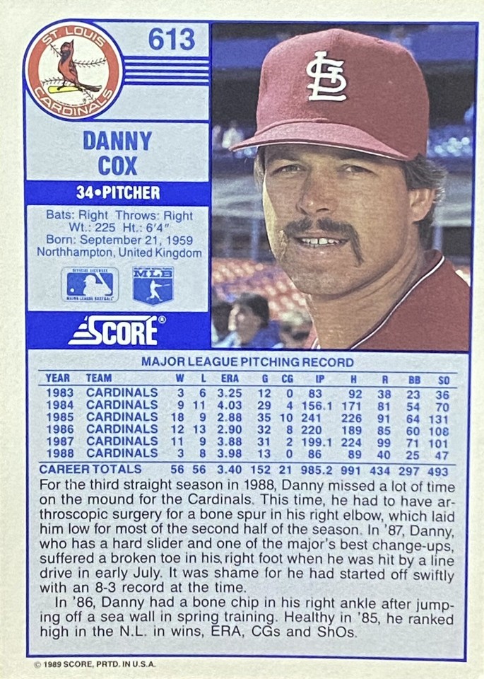 1989 Score #613 Danny Cox St. Louis Cardinals Baseball Card | eBay