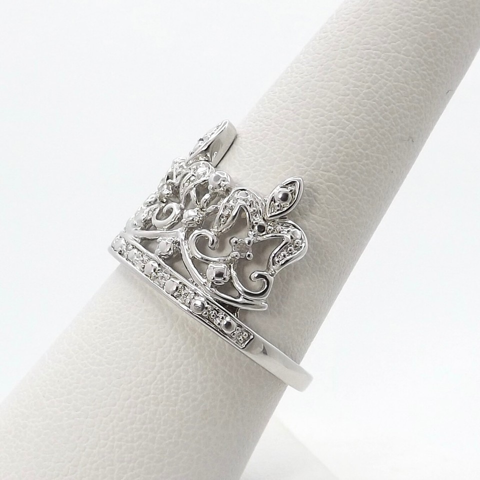 Sterling Silver Queen Princess Crown Genuine Diamond Ring Royalty sz8 ...