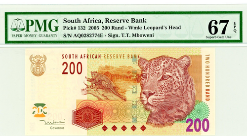 2005 South Africa 200 Rand Pick#132 Wmk: Leopard's Head PMG 67 EPQ | eBay