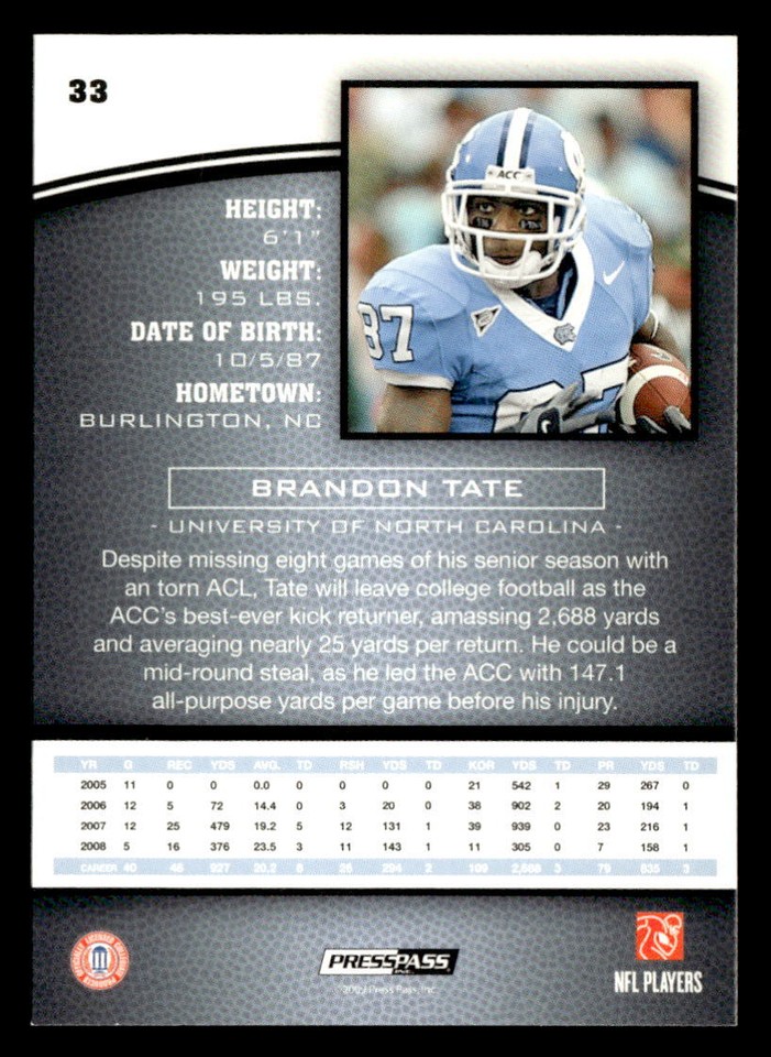 Brandon Tate 2009 Press Pass Card #33 North Carolina Tar Heels | eBay