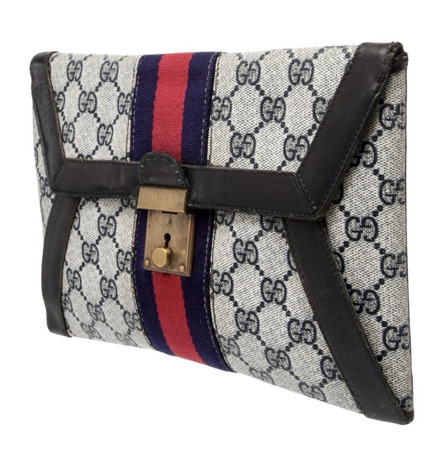 Vintage Gucci GG Supreme Clutch Blue Red Web Stripe Key Lock Canvas ...