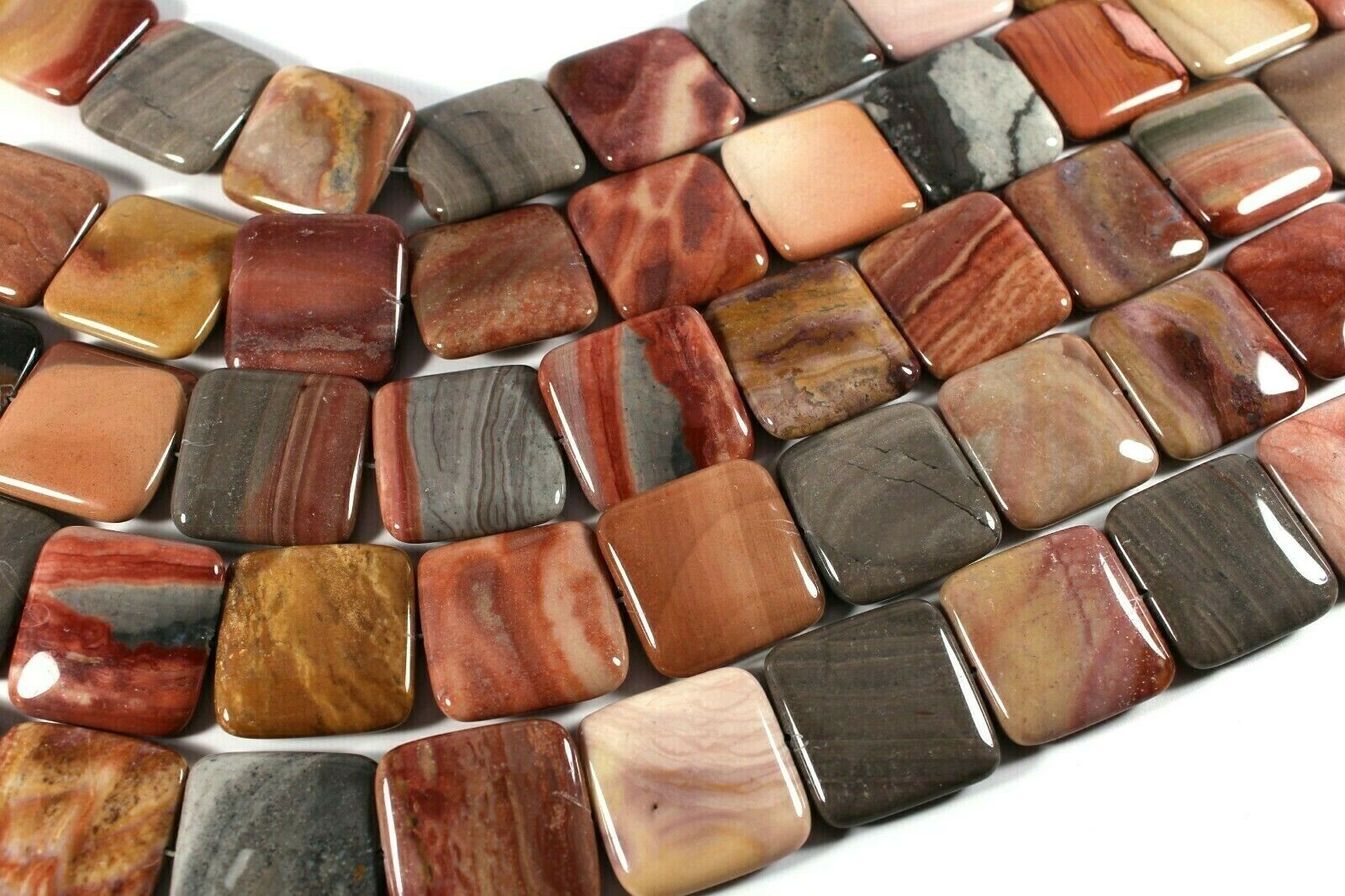 LOVELY THUNDER JASPER 30MM SQUARE BEADS 15" STRAND RED TAN MAUVE GRAY ...