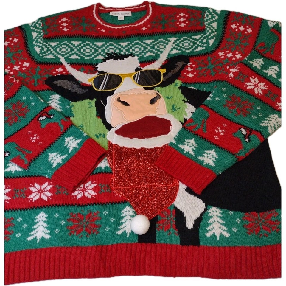 Funny Ugly Christmas Sweater Cow Bells Mens XL Green Holiday Time | eBay