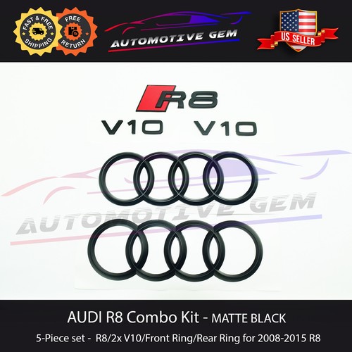 AUDI R8 Emblem MATTE BLACK Hood Trunk Ring V10 Sign Logo Badge Kit Set ...