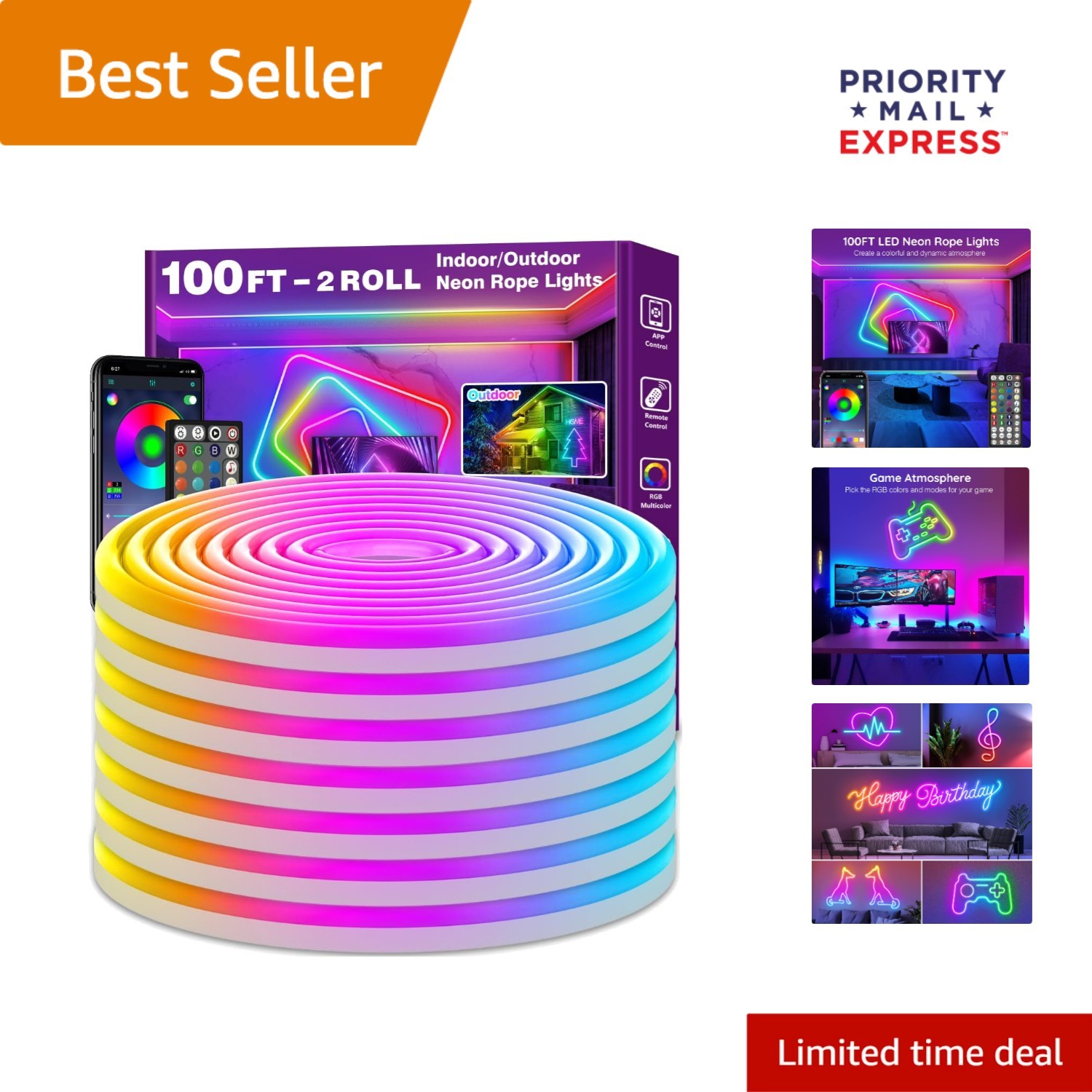 Flexible 100Ft Neon LED Strip Lights - Perfect for Indoor & Outdoor ...