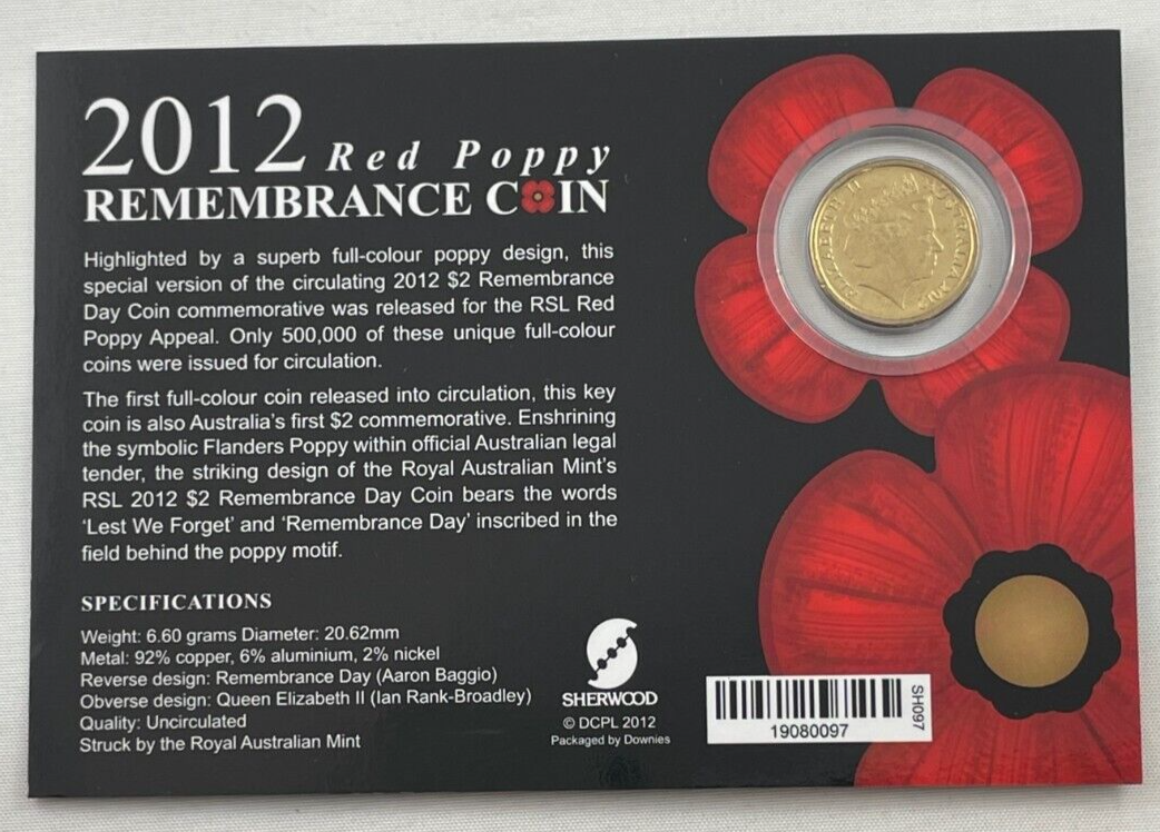 2012 Remembrance $2 Red Poppy Uncirculated Coin on Carded Downies Issue ...