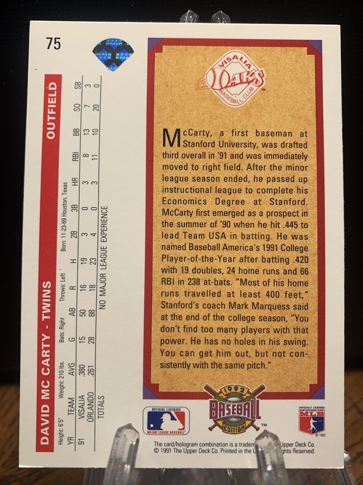 1992 Upper Deck Baseball 75 David McCarty Top Prospect RC Minnesota ...