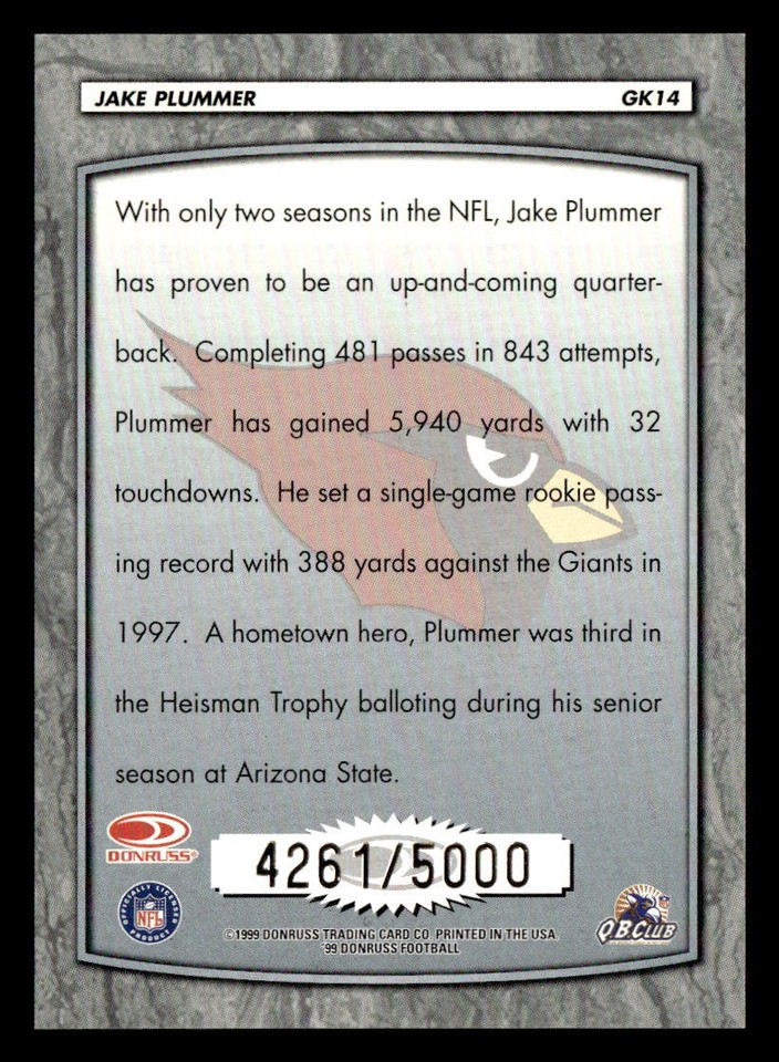 Jake Plummer 1999 Donruss Card #GK14 Arizona Cardinals | eBay