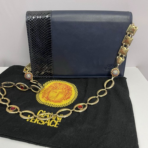 Vintage Gianni Versace Leather Snakeskin Shoulder Bag Purse Navy Metal ...