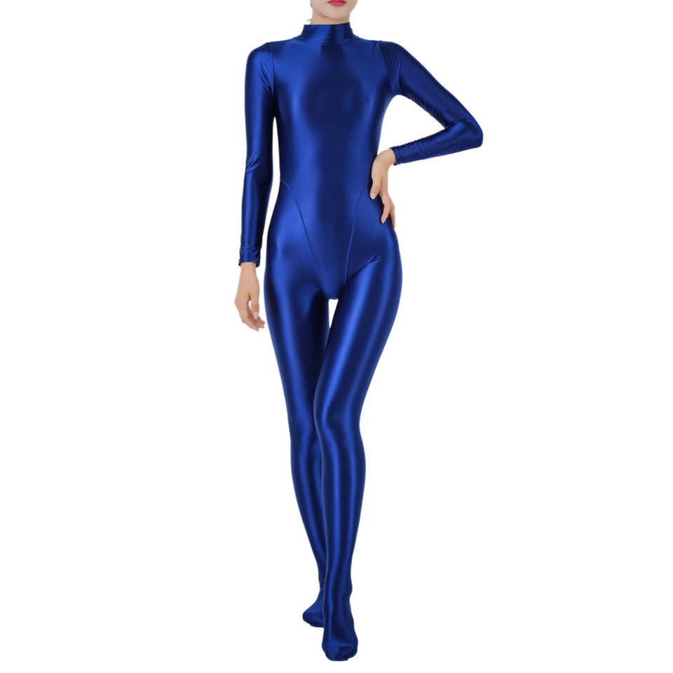 Women's Bodysuit Bodycon Catsuit Slim Fit Rompers Glossy Jumpsuit Shiny ...