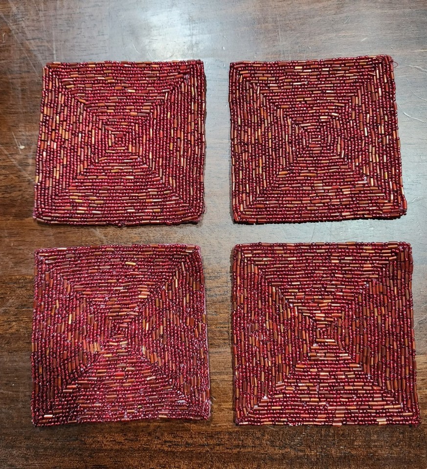 Beaded Cloth Handmade HOLIDAY FANCY Coasters Orange Red Gold Set Of ...