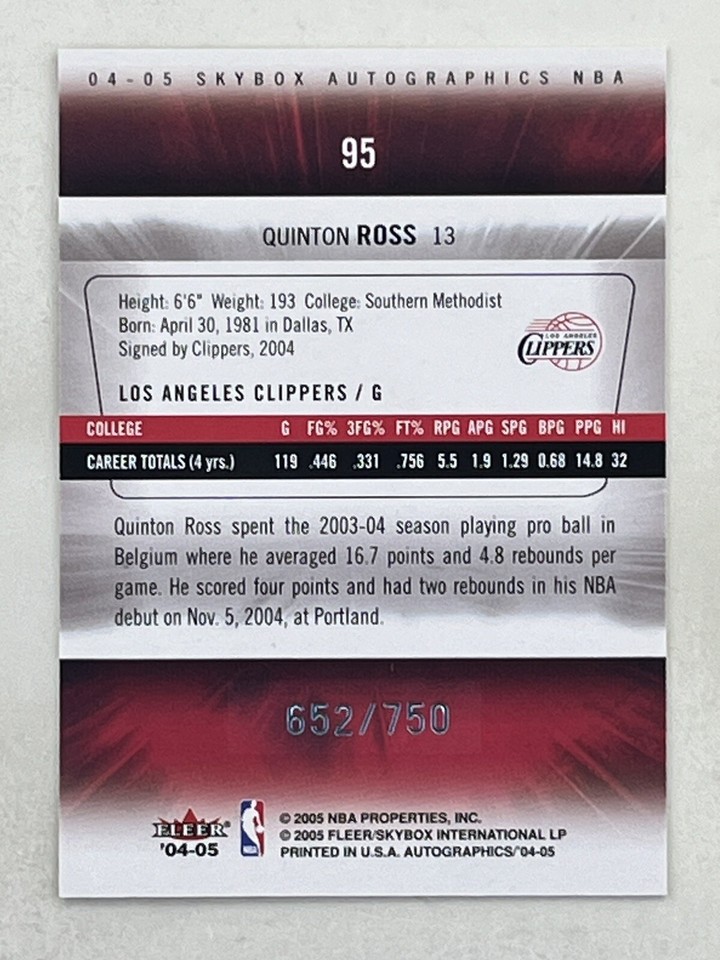 Quinton Ross 2004-05 Skybox Autographics /750 #95 NBA Los Angeles ...