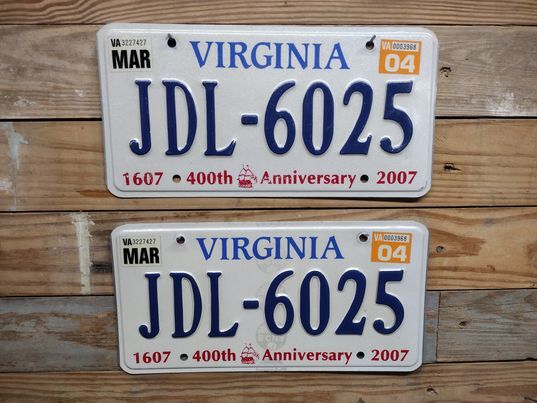 Virginia Expired 400th Anniversary License Plate Auto Tag JDL 6025 ...