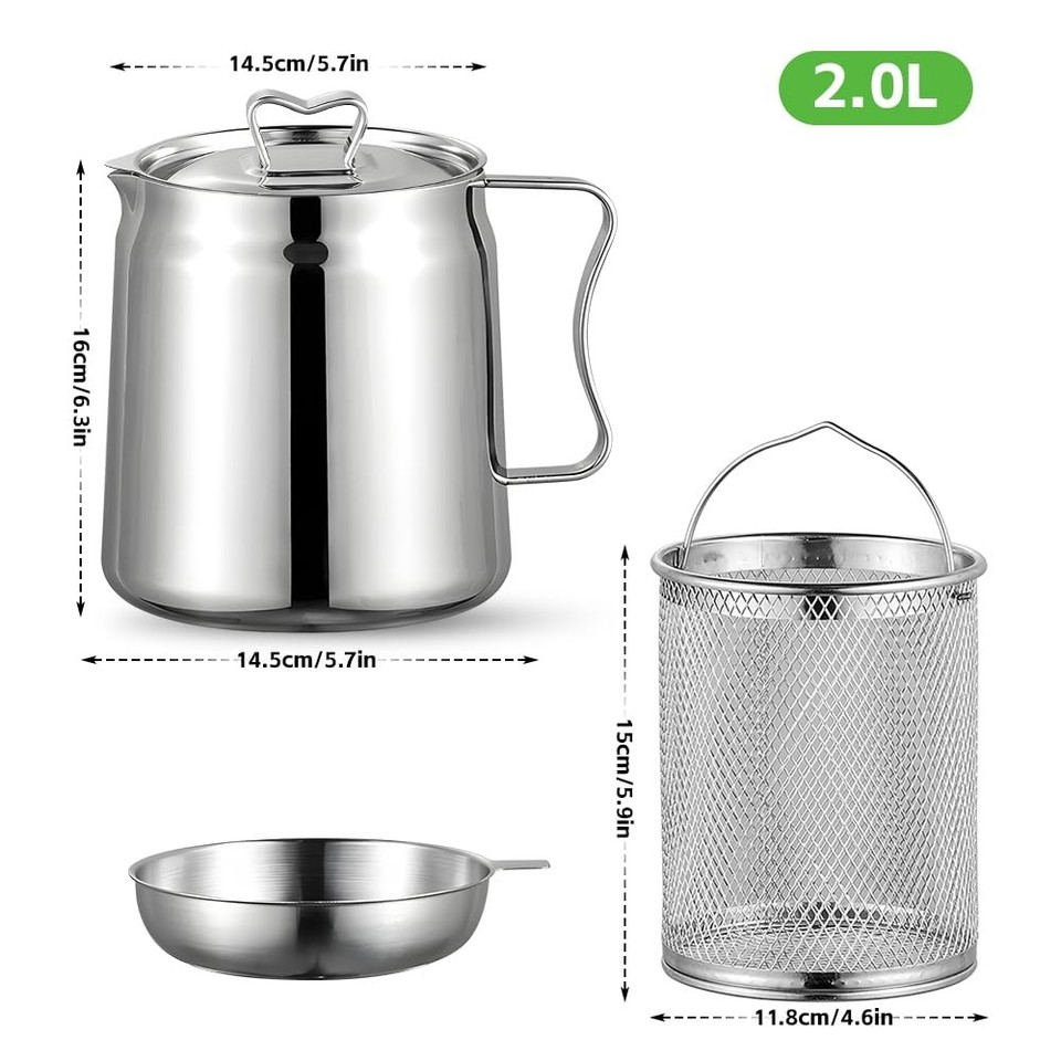 Jemey 2L Stainless Steel Oil Strainer Pot with Mesh Filter Tray & Lid ...