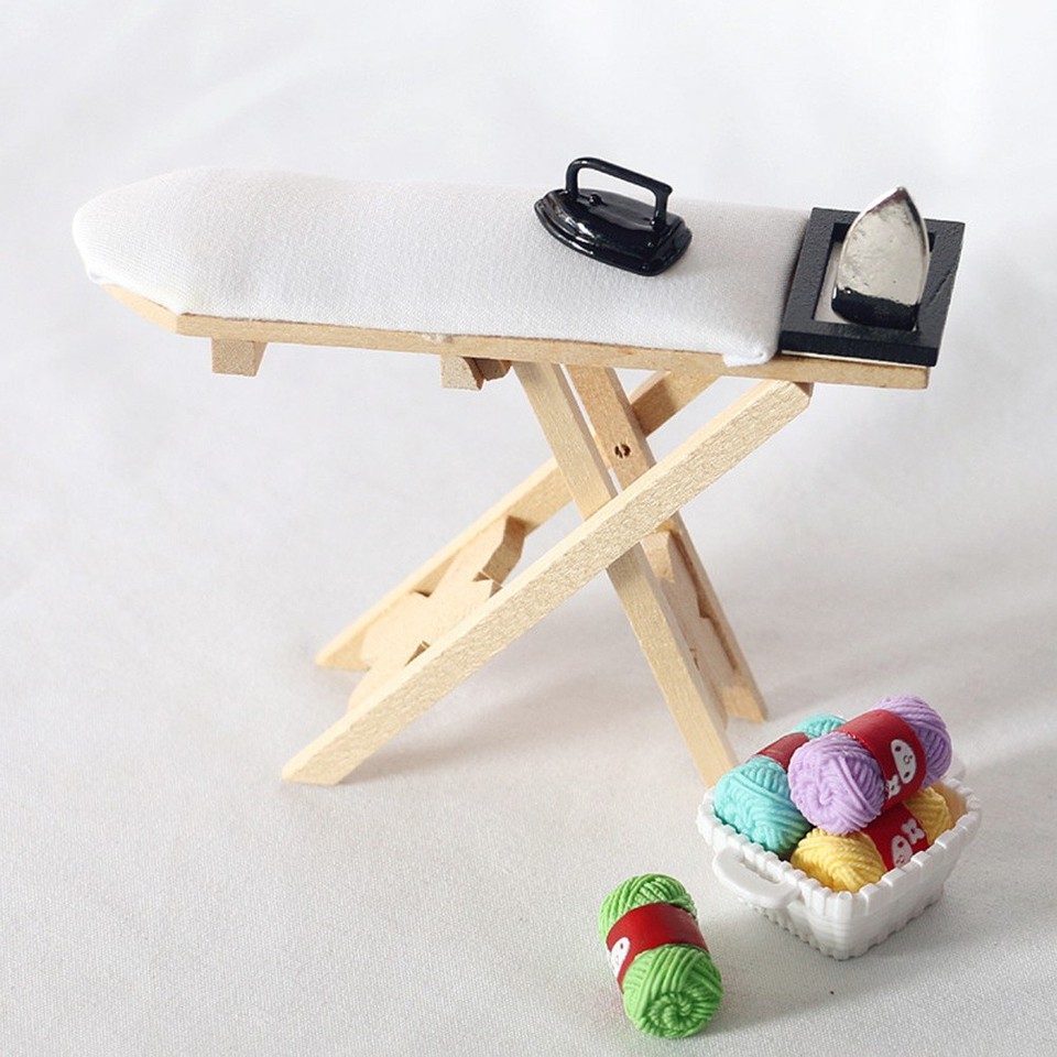 Mini Clothes Iron And Ironing Table Set Wooden Alloy Doll House ...