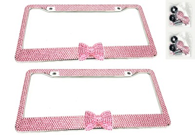 2 x Pink Bow Tie Bling Diamond Crystal Metal License Plate Frame For ...