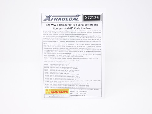 1/72 XtraDecal Decals RAF Bomber 8" Red Serial Letters Numbers 48" Code ...