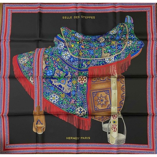 Hermes Scarf Selle des Steppes 90 cm Silk black horse saddle | eBay