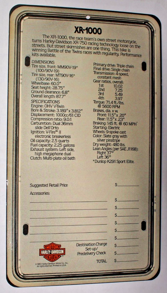 Harley Davidson 1984 Dealer display license plate XR-1000 Sportster NEW ...