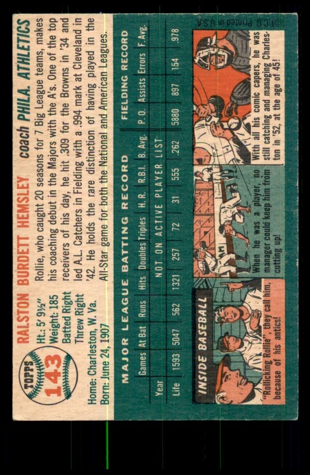 1954 Topps Rollie Hemsley Coach #143 VG-VGEX Baseball Card | eBay