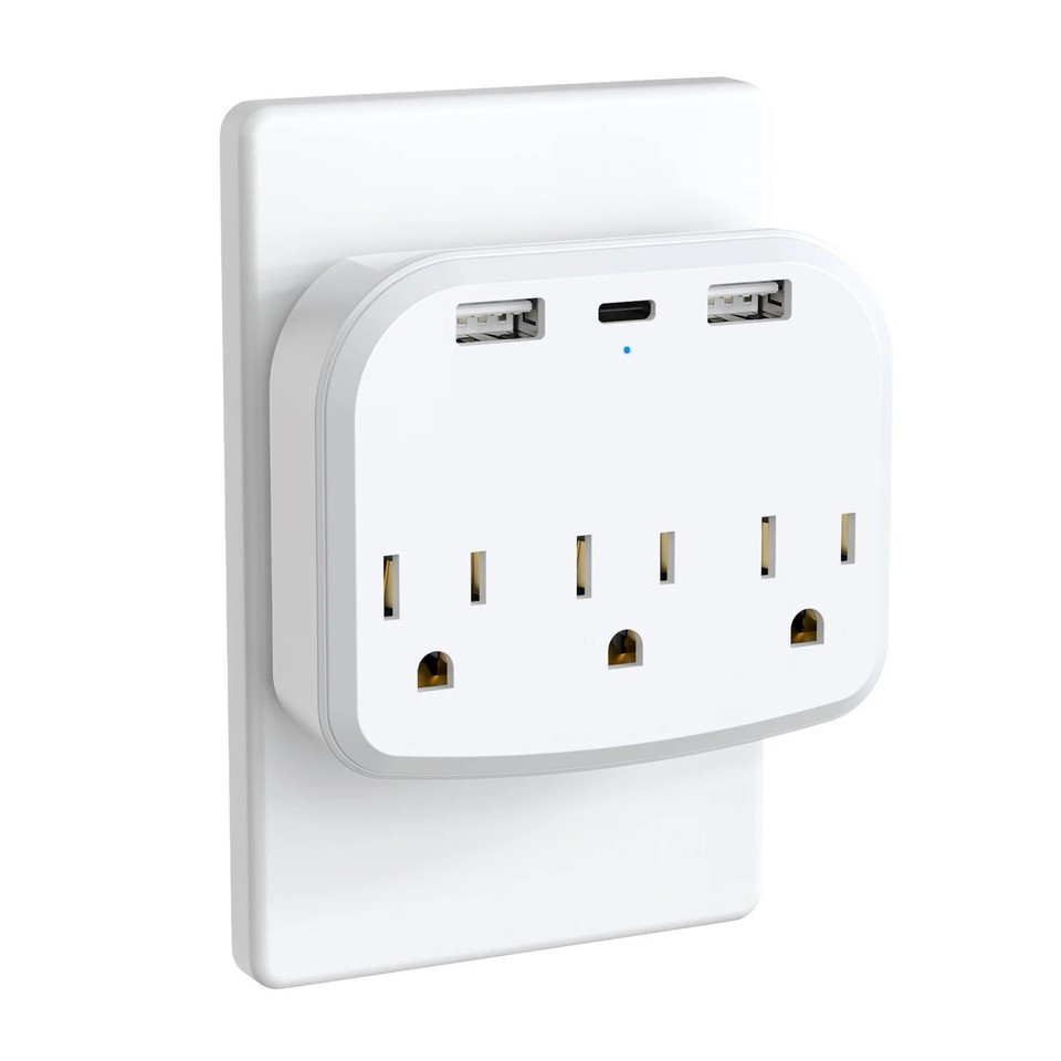 3 Outlet Extender 600J Surge Protector With 3 USB Charger Port Wall ...