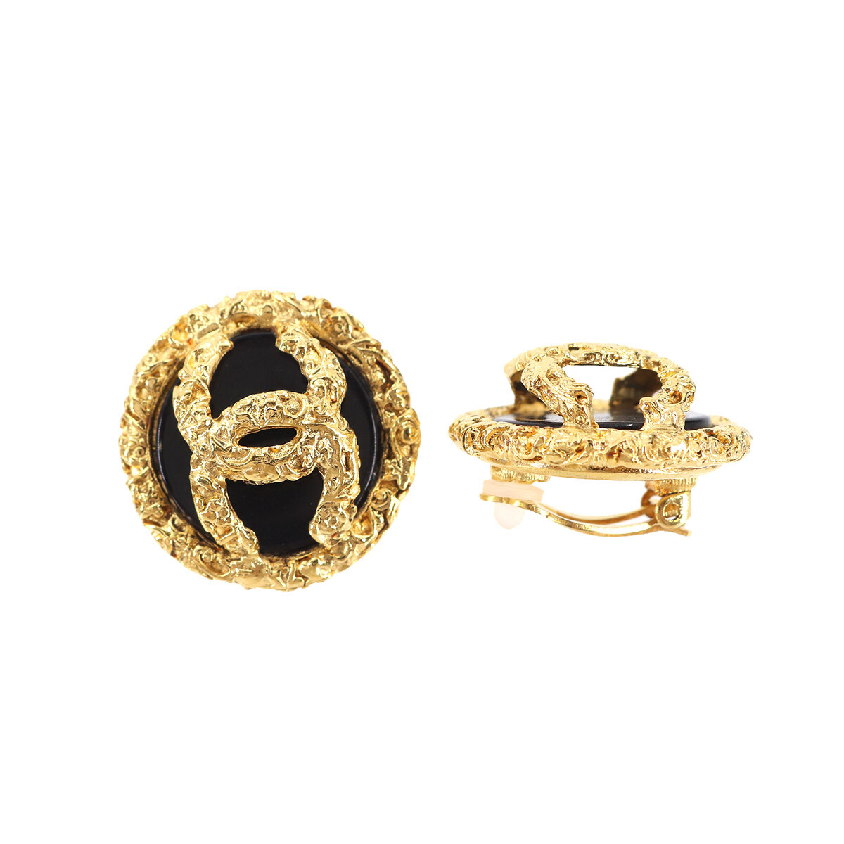 CHANEL Round type Coco Logos Earrings Gold Black 93P … - Gem