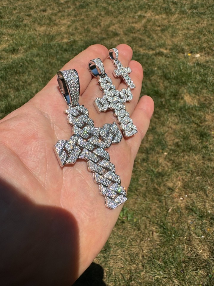 MOISSANITE Prong Miami Cuban Link Cross Pendant - 925 Silver Necklace 3 ...