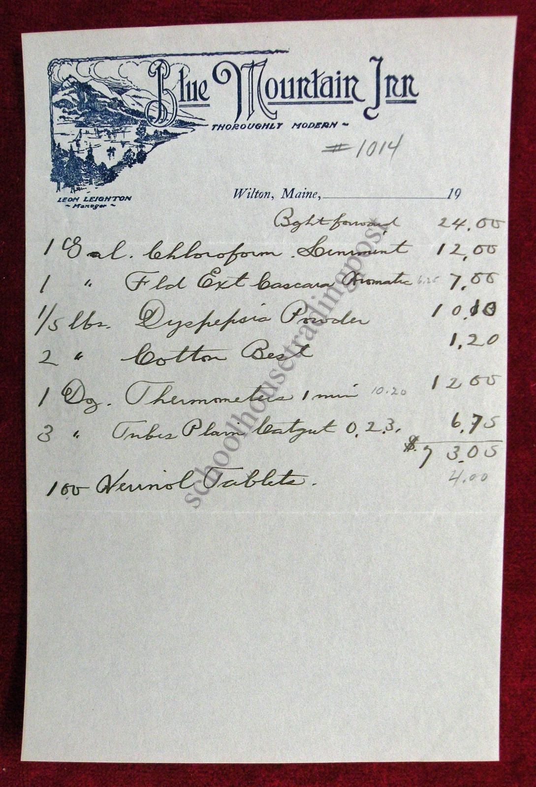Vintage Undated Letterhead BLUE MOUNTAIN INN Wilton Maine Leon Leighton ...