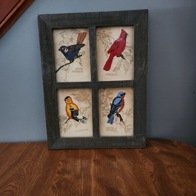 Vintage Embroidered Birds In A 4 Pain Glass Frame 13x16¾ Cardinal ...