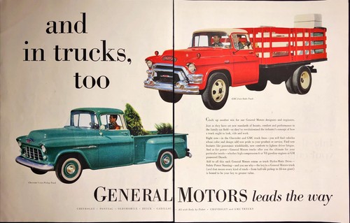 1955 General Motors 2-PAGE Print Ad Chevrolet Pickup Truck GMC Stake ...