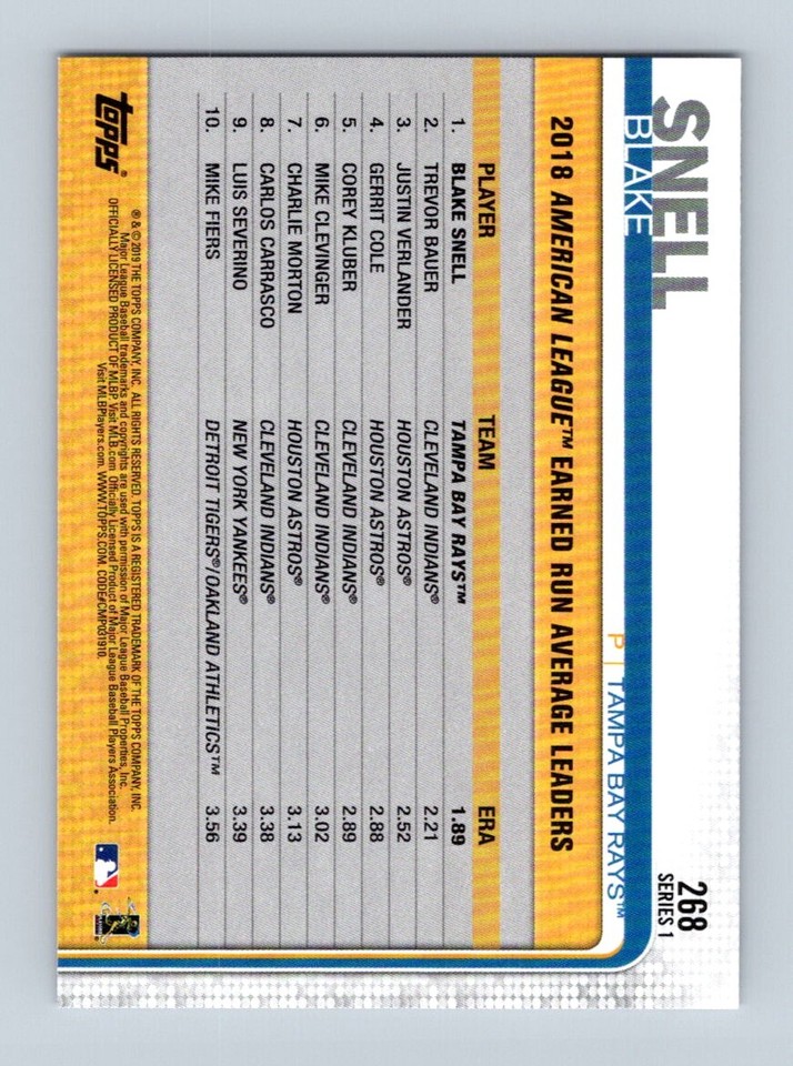 2019 Topps ASG Foil Stamp #268 Blake Snell Tampa Bay Rays LL | eBay