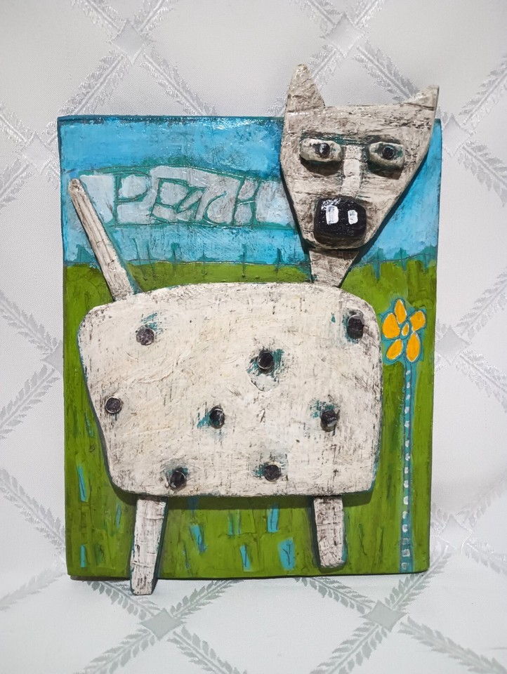 LUON ST PIERRE ORIGINAL "SCOUT & PEACH" WOOD FOLK ART DOG PLAQUES ...