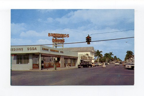 Homestead FL postcard, Breedings Drugs, street view, people, cars ...