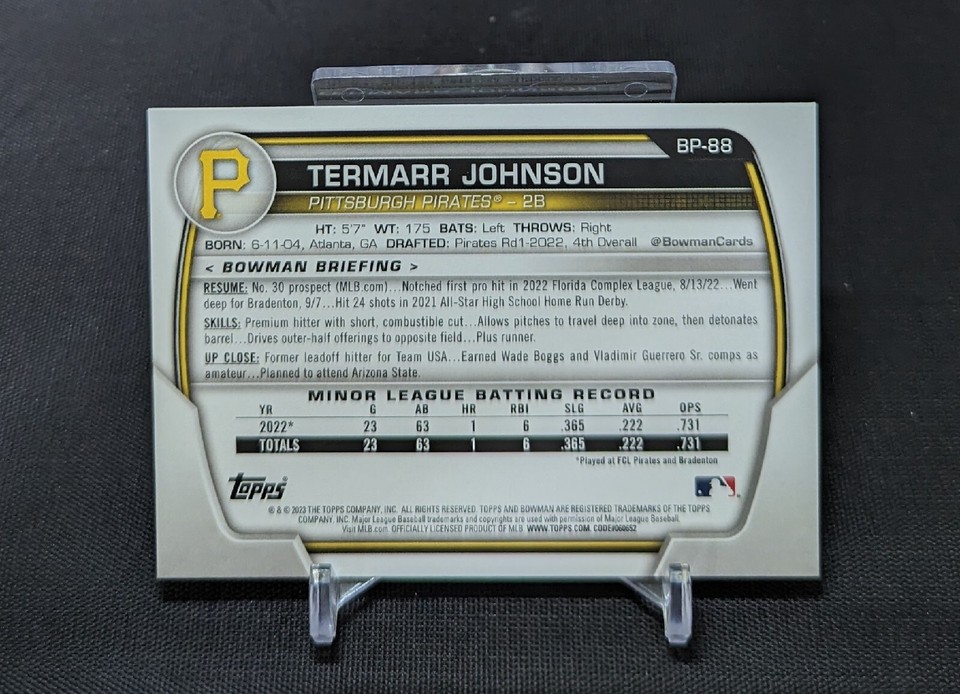 Termarr Johnson Prospect Rookie Card 2023 Bowman Base #BP-88 Pittsburgh ...