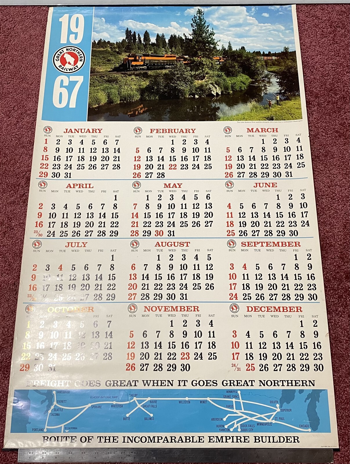 Large 1967 Great Northern Railroad Calendar 42 1/2" by 26" Little ...