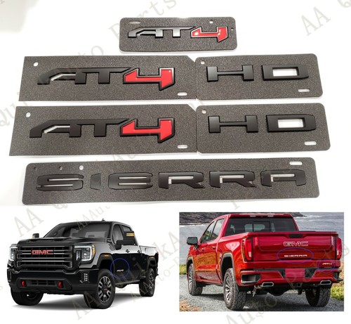 4PC Matte Black Red Door Rear AT4 HD SIERRA Emblems Fit GMC Sierra ...