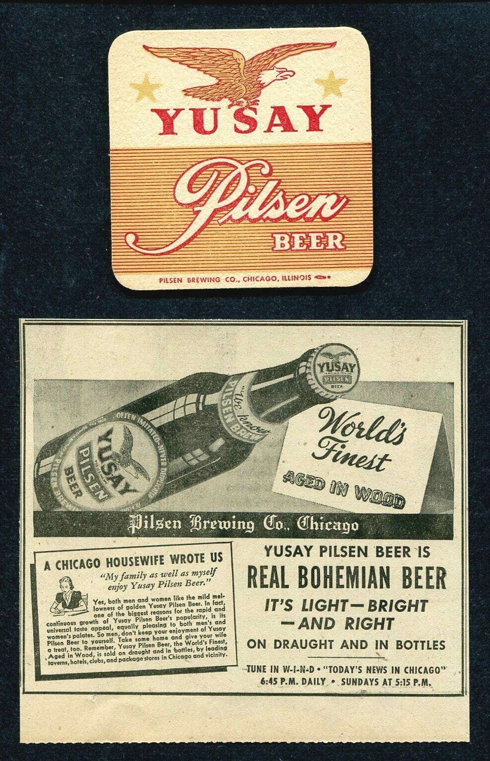 1945 Yusay Pilsen Beer Newsp Ad --Plus Unused Yusay Pilsen Cardboard ...