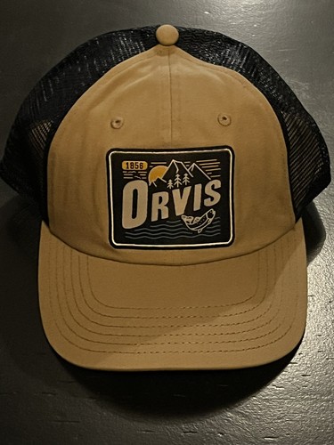 ORVIS Snap Back Trucker Cap Hat Tan Black Trout Adjustable Fly Fishing ...