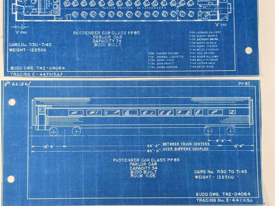 Pennsylvania PRR Parlor Car Budd Passenger Car Class PP85 Diagrams 1952 ...