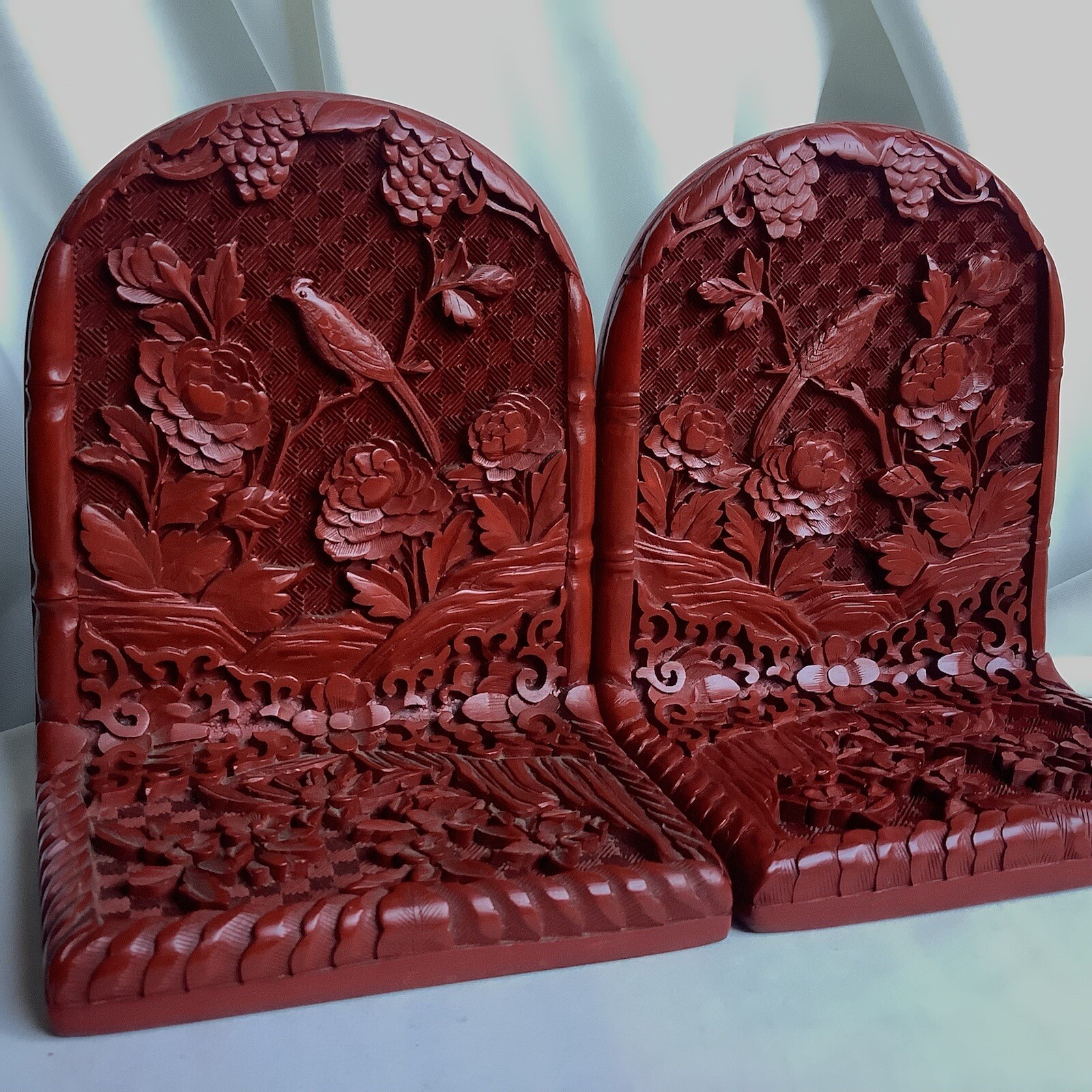 Cinnabar Bookend Red Bird Antique China Hand Carved Raised Relief ...