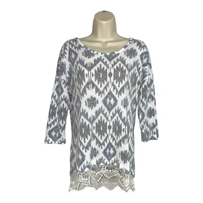 Womens Medium New Directions White Gray Argyle Aztec Half Sleeve High ...